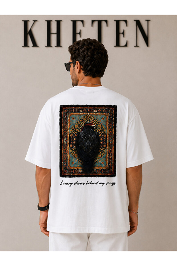 Kheten Oversize Erkek Beyaz Crow Sırt Baskılı %100 Pamuk Halı Motifli ...