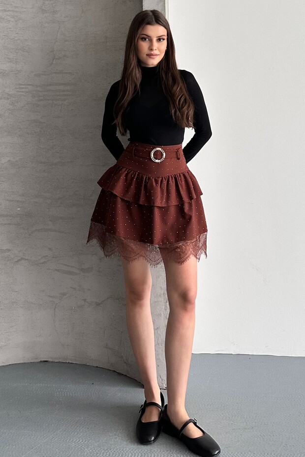 moda armanc Kadın Kemerli Taş Detaylı Şortlu Mini Etek Yüksek Bel ...