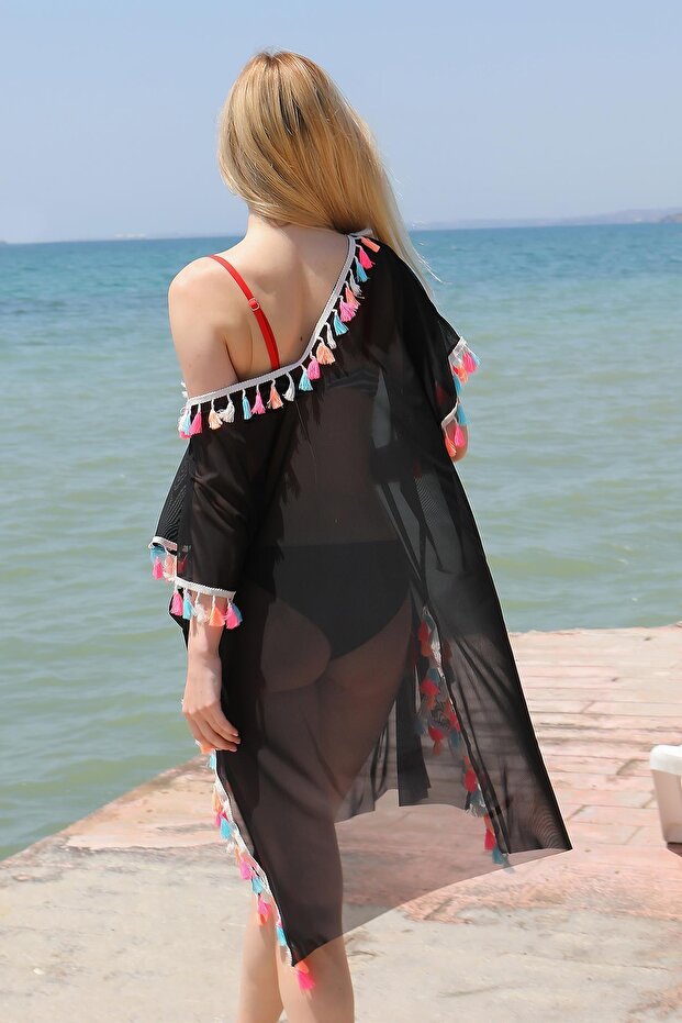 İbrahim Burak Etiler Collection Moda Çizgi Kadın Püsküllü Tunik Pareo ...