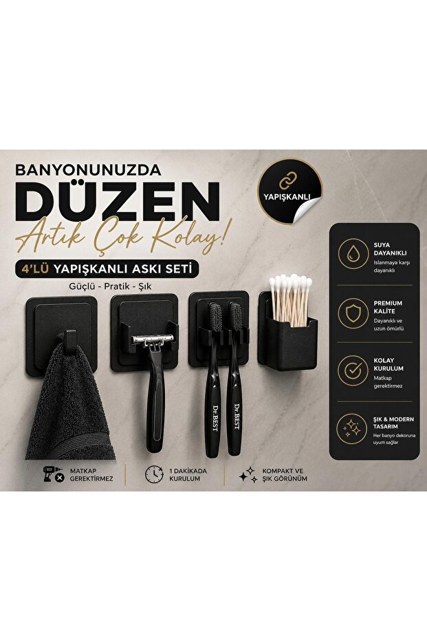 3D 4’lü Yapışkanlı Banyo Askı Seti Duvar Tipi Havlu Jilet Diş Fırçası ...