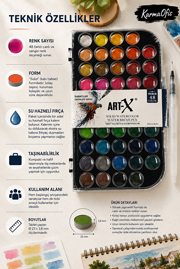 KarmaOfis ART-X 48 Renk Solid Suluboya Seti Su Hazneli Fırça Kalemli ...