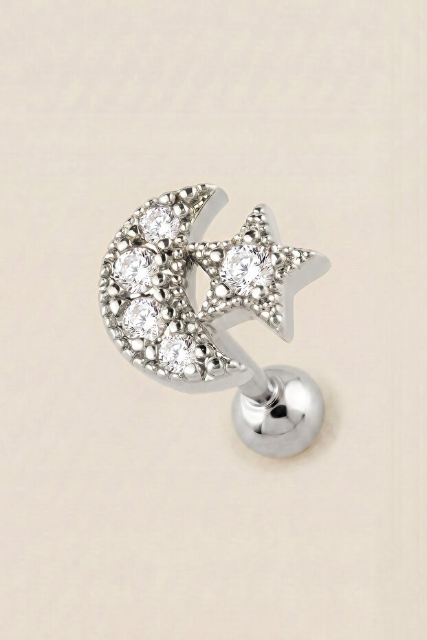 Hetra Gümüş Renkli Cerrahi Çelik Zirkon Taşlı Ay Yıldız Tragus Piercing ...