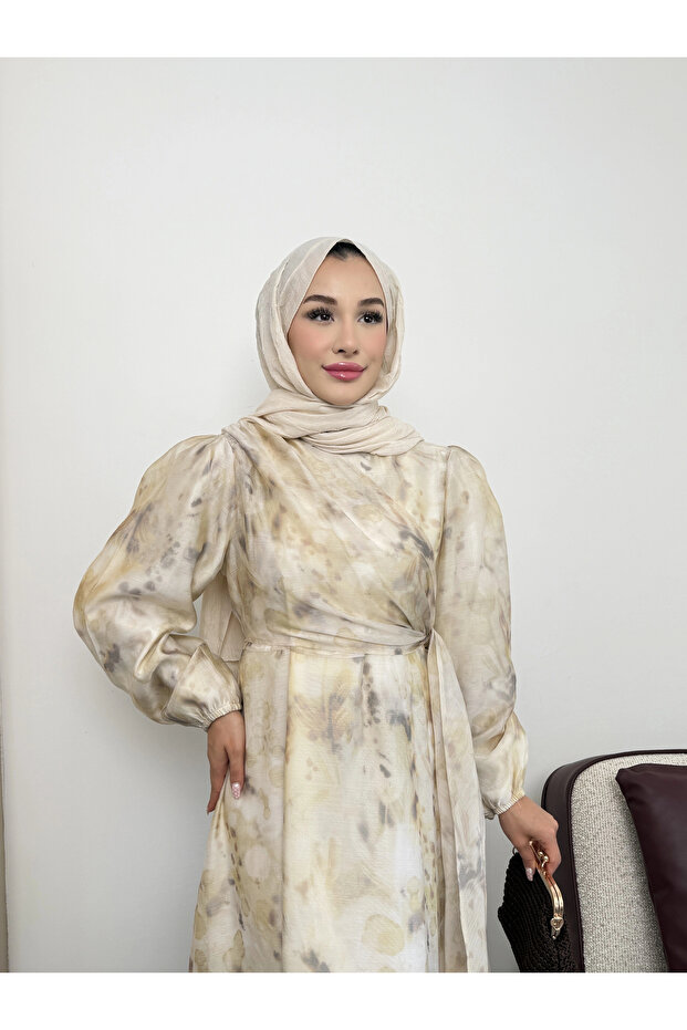 Mihran Butik Clara Model Kemerli Bilek Büzgü Desen Detaylı Kadın Elbise ...
