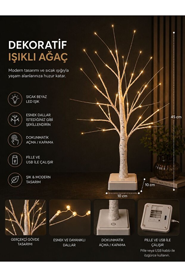 BCT STORE Dekoratif Ağaç Masa Lambası Pilli ve USB Kablosuz Ledli 5v ...