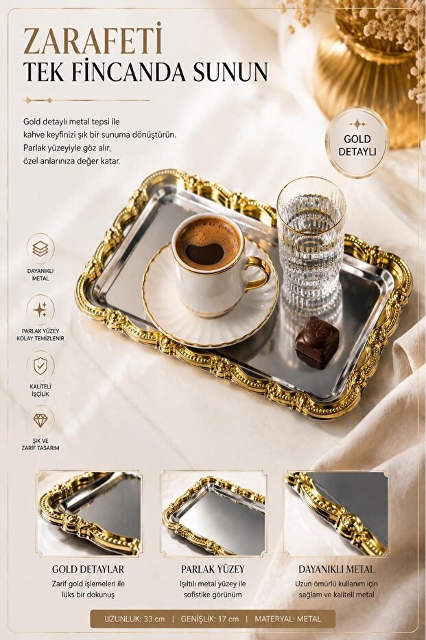 suhika Lüks Gold Detaylı Metal Sunum Tepsisi 33x17 cm Kahve ve İkram ...