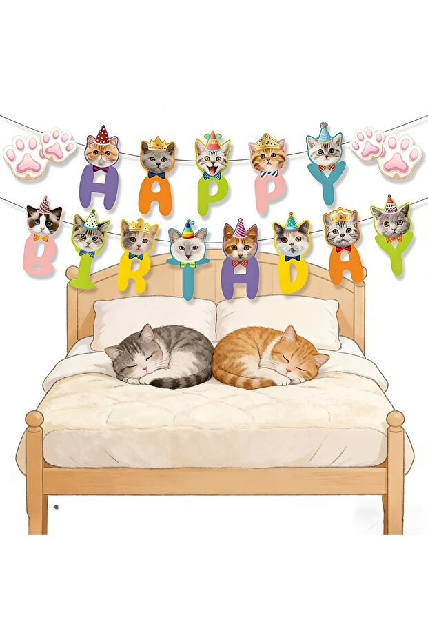 abjad Kedi Temalı 15 Parça Banner Flama Parti Süsü Doğum Günü Parti ...