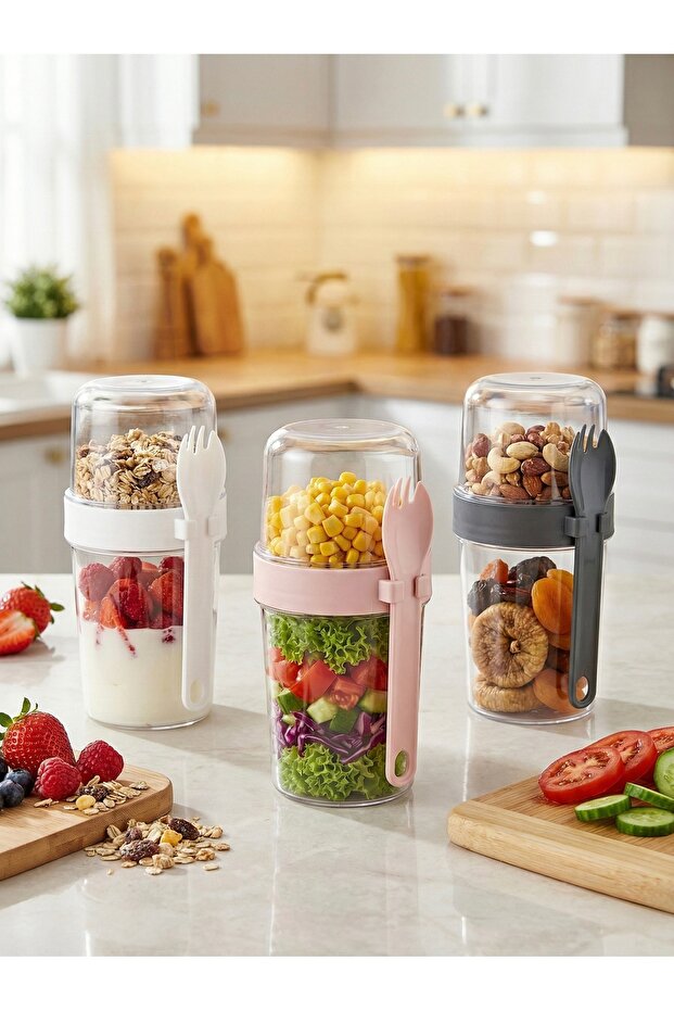 lawrenceshop 800 ML Çatal Uçlu Kaşık Tasarımlı 2 Bölmeli Salata Granola ...