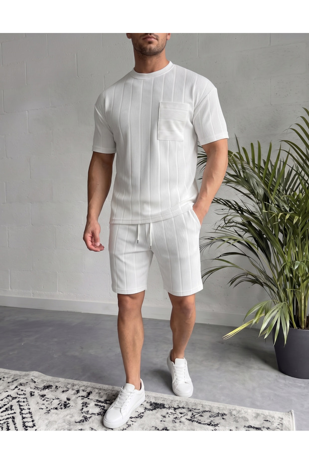 blucombin Erkek Raporlu T-Shirt Şort ve Eşofman Altı 3lü Set Geniş ...