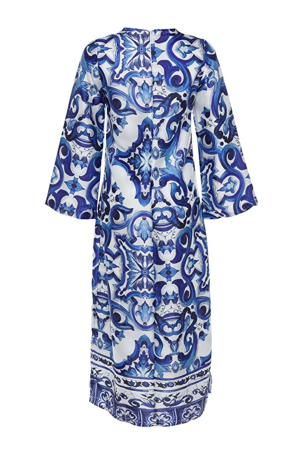 Trendyolmilla Modest Mavi Saten Etnik Desenli Abiye Jalabiya Elbise ...