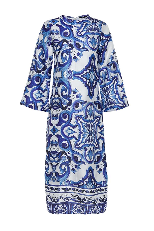 Trendyolmilla Modest Mavi Saten Etnik Desenli Abiye Jalabiya Elbise ...