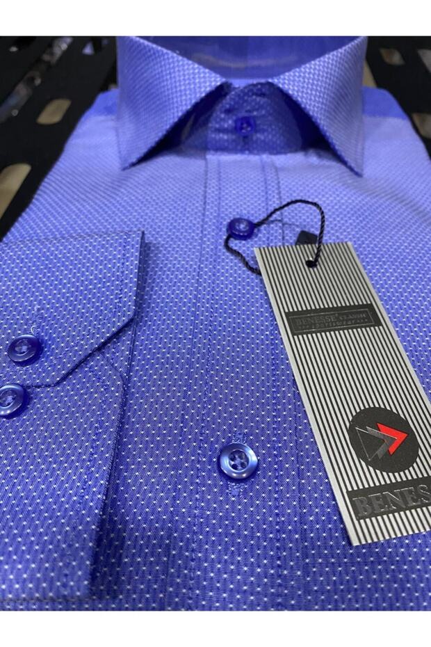 BENESSE Dobby Pattern Slim Fit Saks Blue Men's Shirt- Trendyol