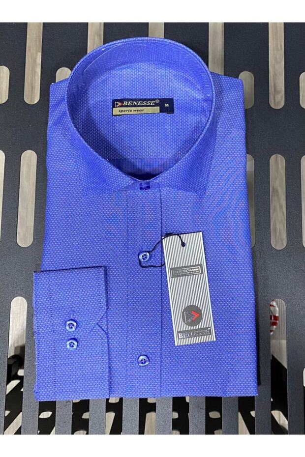 BENESSE Dobby Pattern Slim Fit Saks Blue Men's Shirt- Trendyol