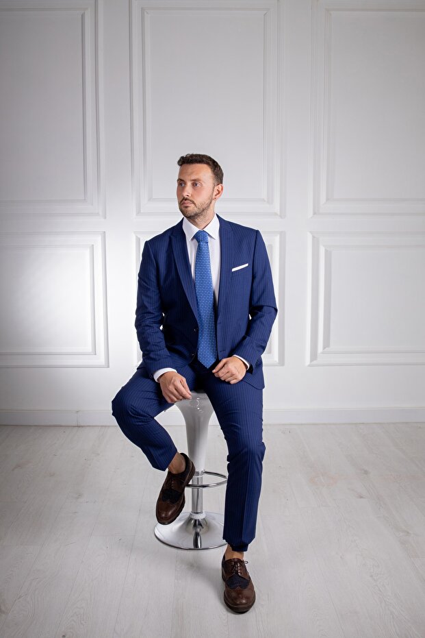 Sarar İnterview Sarar Tedrick Striped Light Navy Blue Suit- Trendyol
