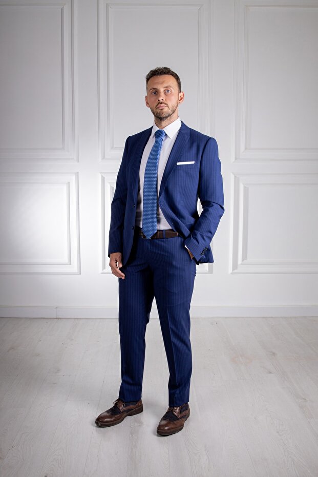 Sarar İnterview Sarar Tedrick Striped Light Navy Blue Suit- Trendyol