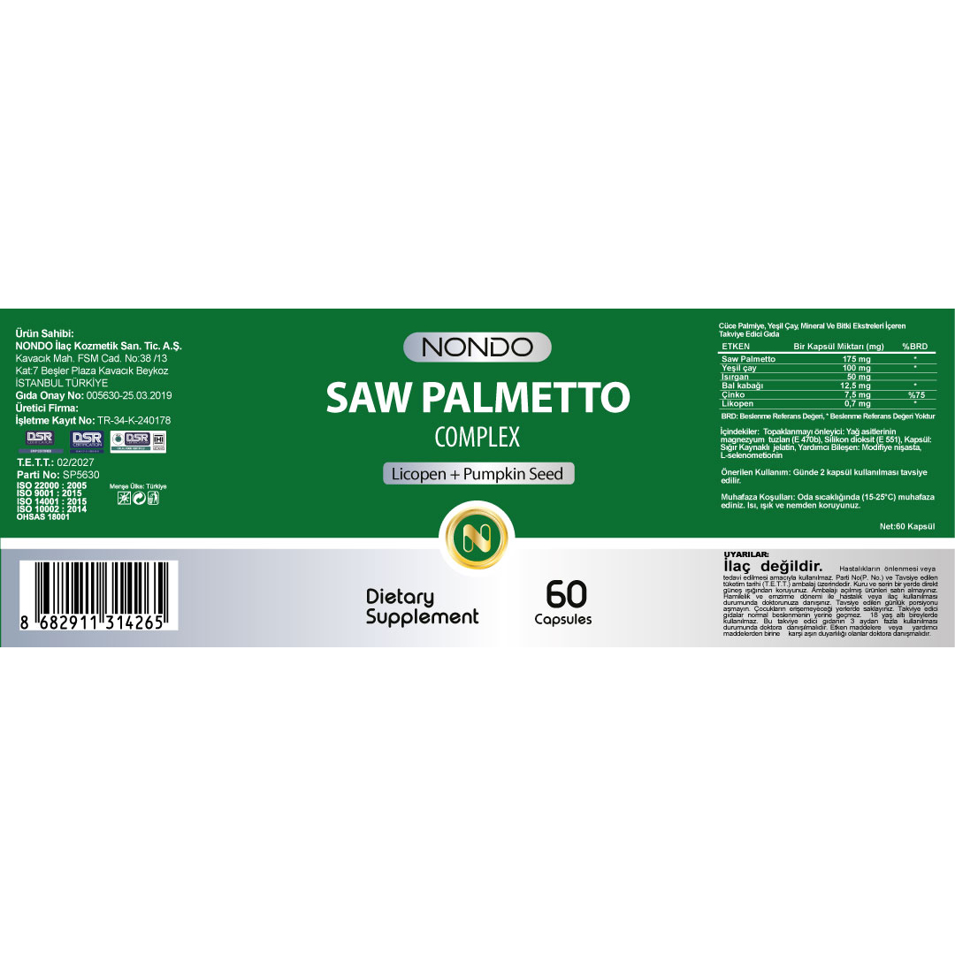 Nondo Saw Palmetto Kompleks 60 Kapsül ( Cüce Palmiye Likopen Isırgan ...