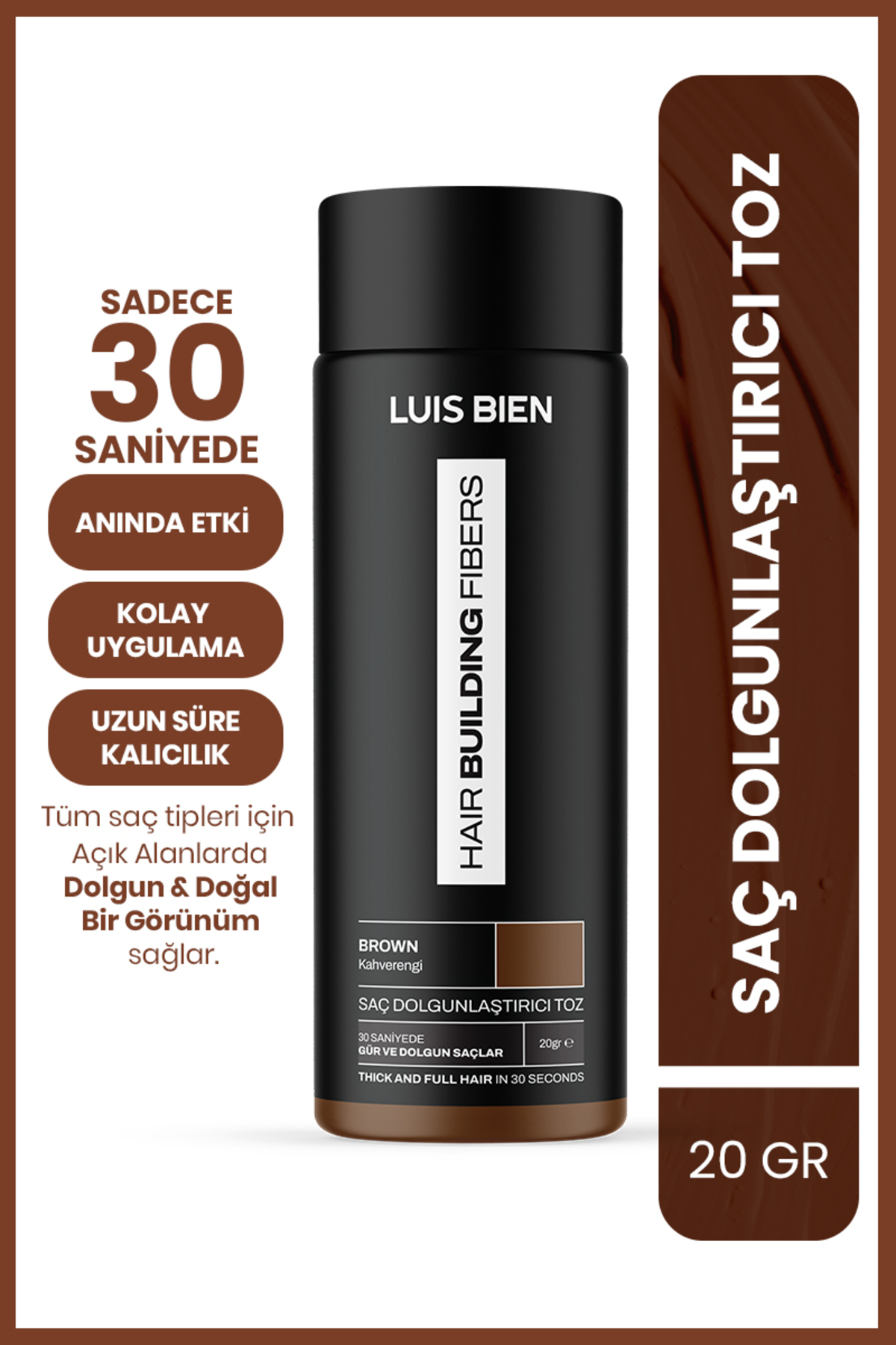 Luis Bien Kahverengi Saç Fiber Toz – Seyrek Saç Kapatıcı, Anında Dolgun ...