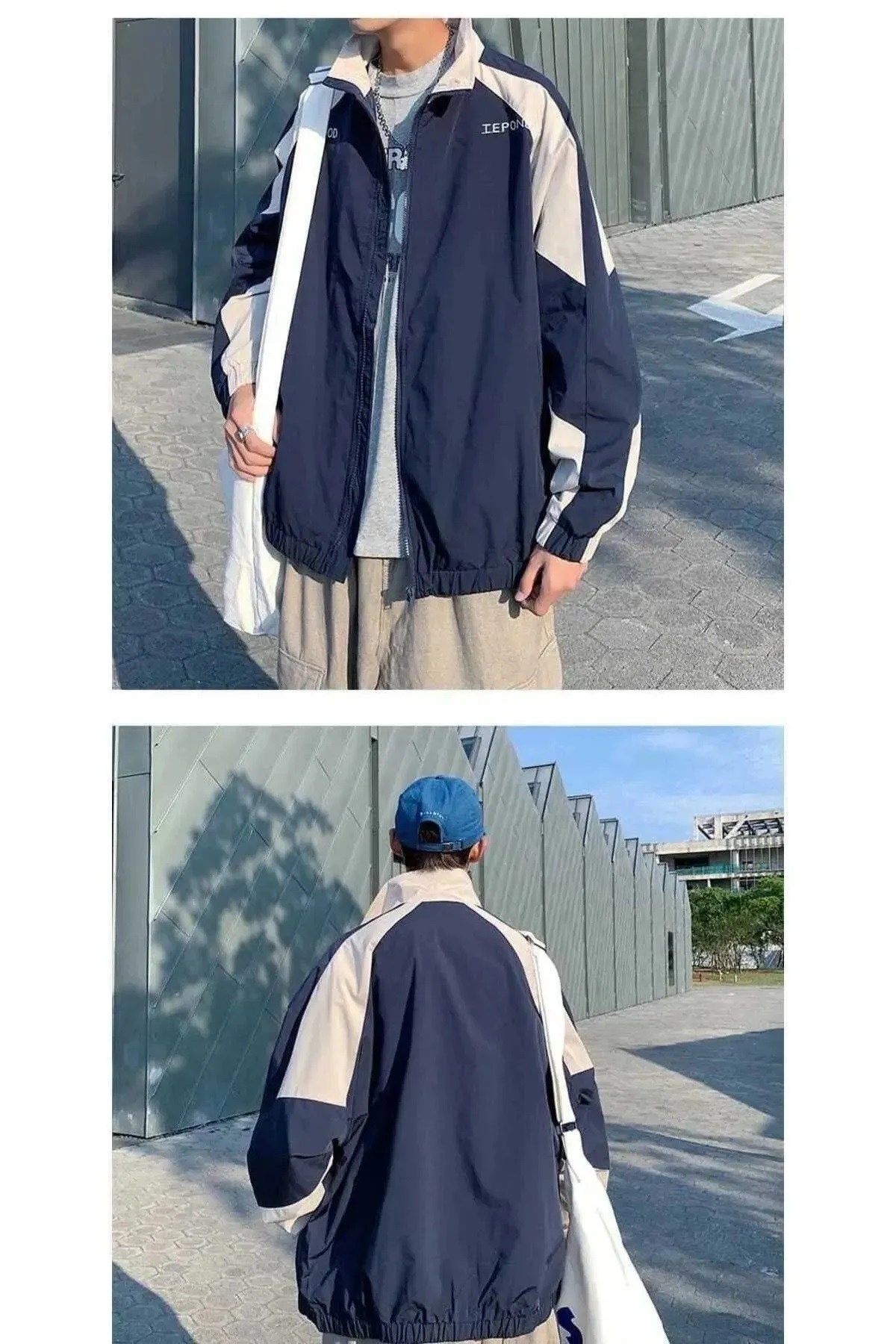 weywot Lacivert-Krem Baggy Vintage Unisex Paraşüt Kumaş Kolej Ceket ...