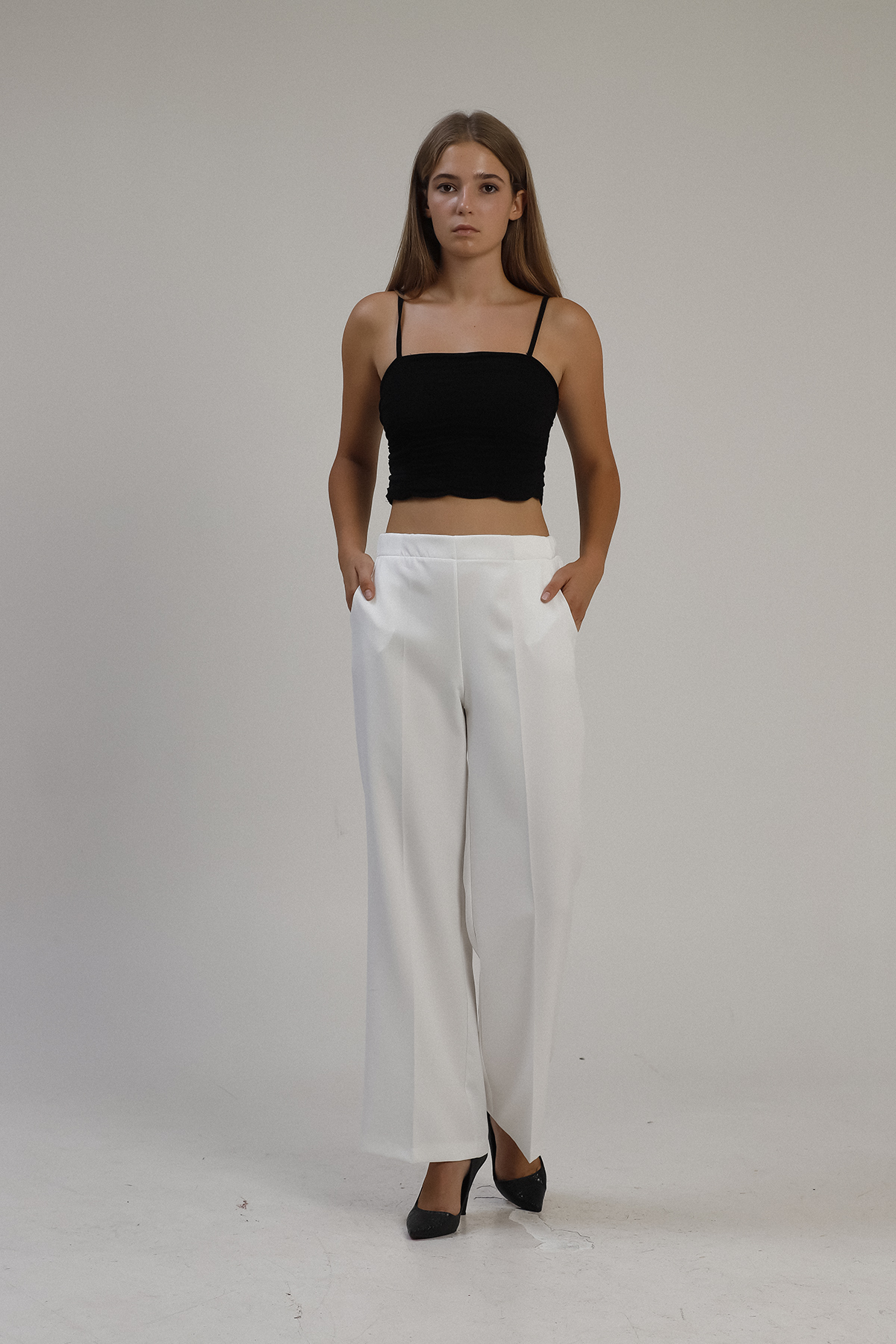 NELSA Beyaz Palazzo Beli Lastikli Cepli Yüksek Bel Dokuma Kadın ...