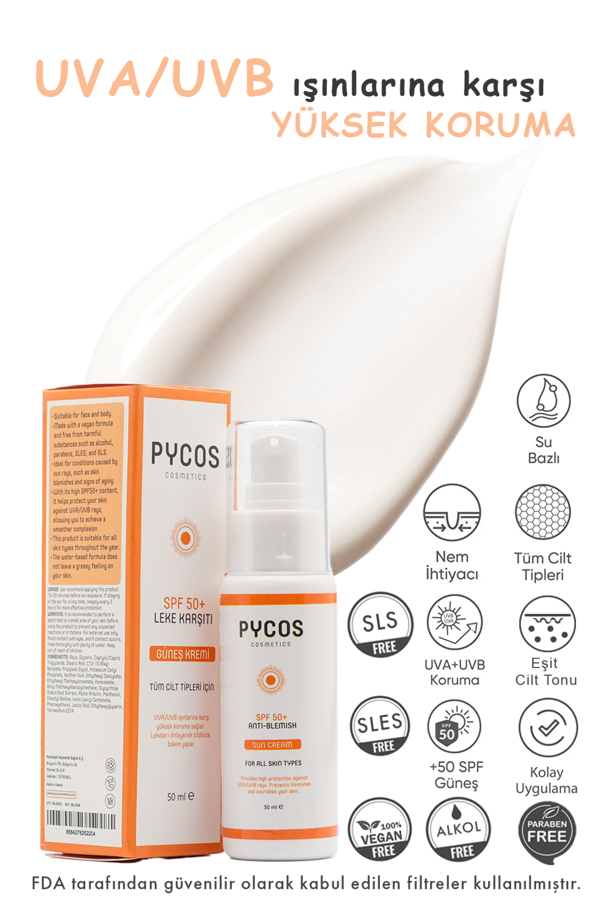 PYCOS COSMETICS Spf 50 Leke Karşıtı Yüz Güneş Kremi 50ml, Tüm Cilt ...