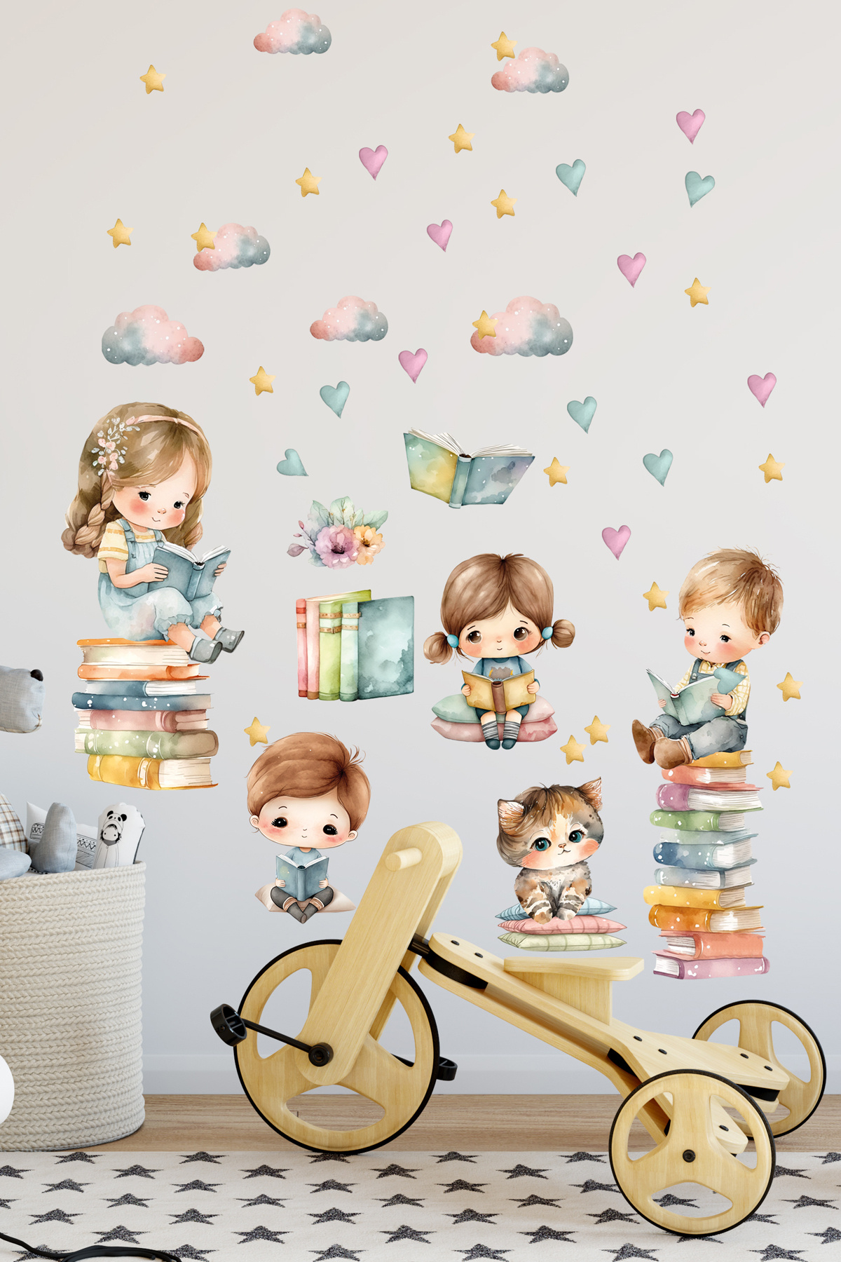 Sim Tasarım Kitap Okuyan Çocuklar Çocuk Odası Dekoratif Duvar Sticker ...