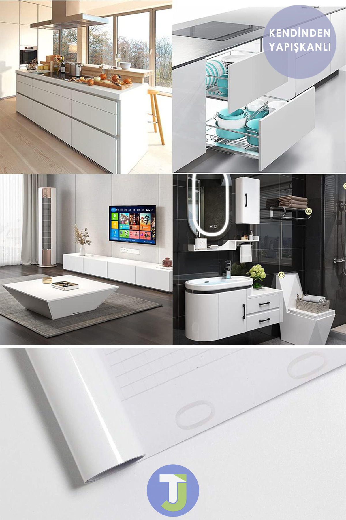 Technojet Kendinden Yapışkanlı Simli Beyaz Mutfak Banyo Tezgah Duvar Dolap Masa Kaplama ...