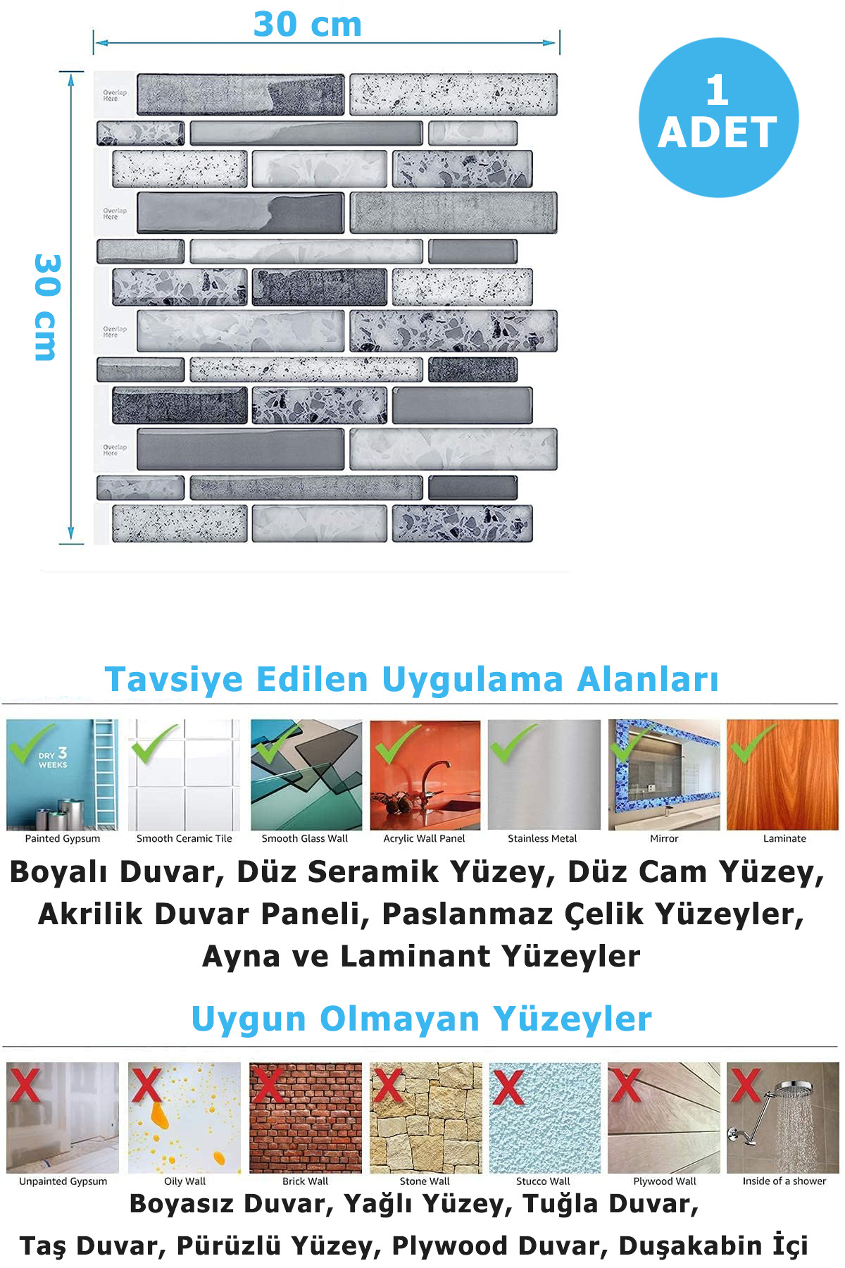 Technojet 1adet 3boyutlu Mozaik Görünümlü Kendinden Yapışkanlı Pvc Mutfk Tezgah Kaplama 30cm× ...