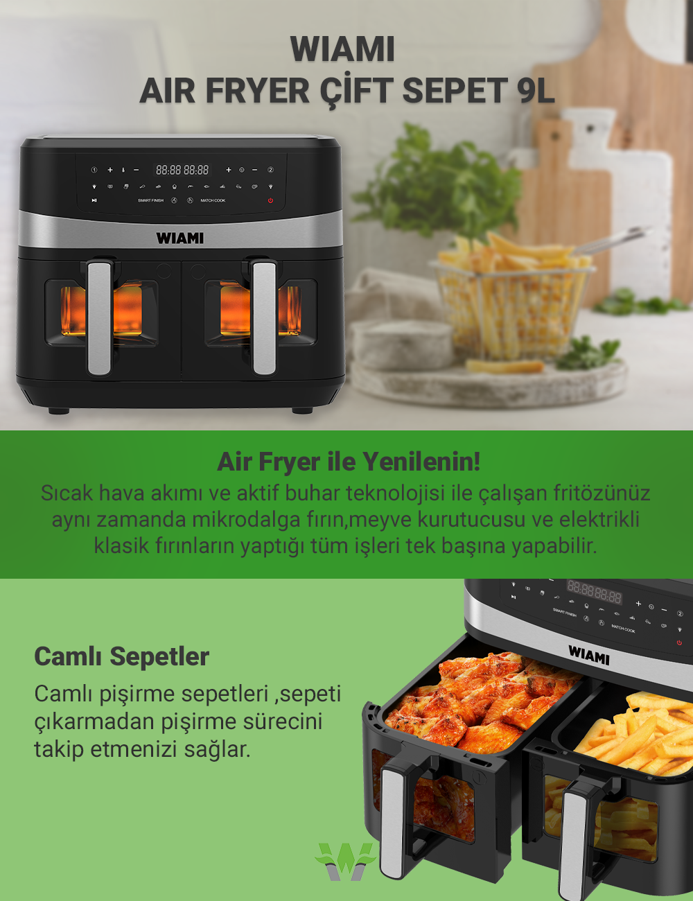 Wiami WİAMİ Airfryer 9l Çift Sepet Camlı Akıllı Yağsız Hava Fritözü ...