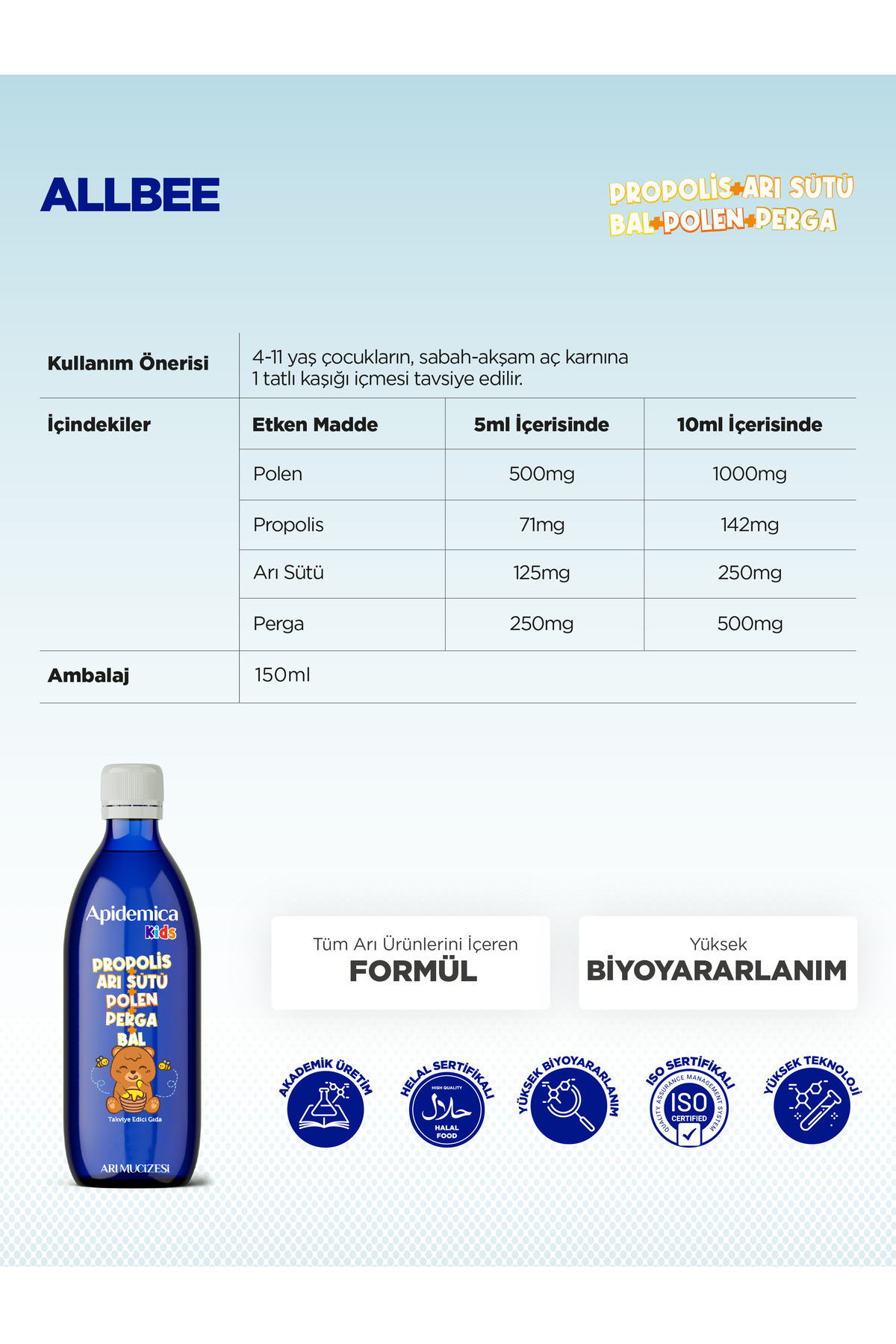 Arı Mucizesi Apidemica Allbee Şurup (PROPOLİS, ARI SÜTÜ, POLEN, PERGA VE BAL TAKVİYELİ) Fiyatı ...
