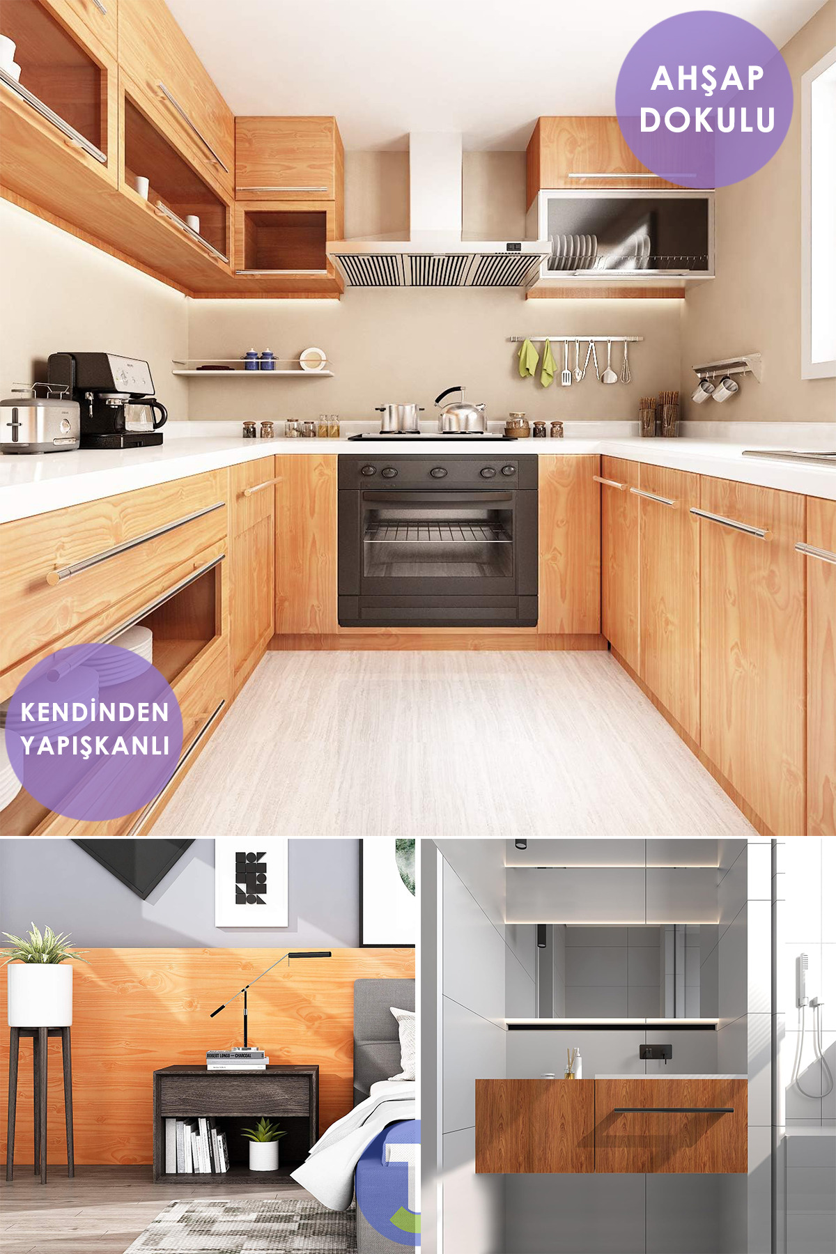 Technojet Kendinden Yapışkanlı Ahşap Görünümlü Mutfak Banyo Tezgah Duvar Dolap Masa Kaplama ...