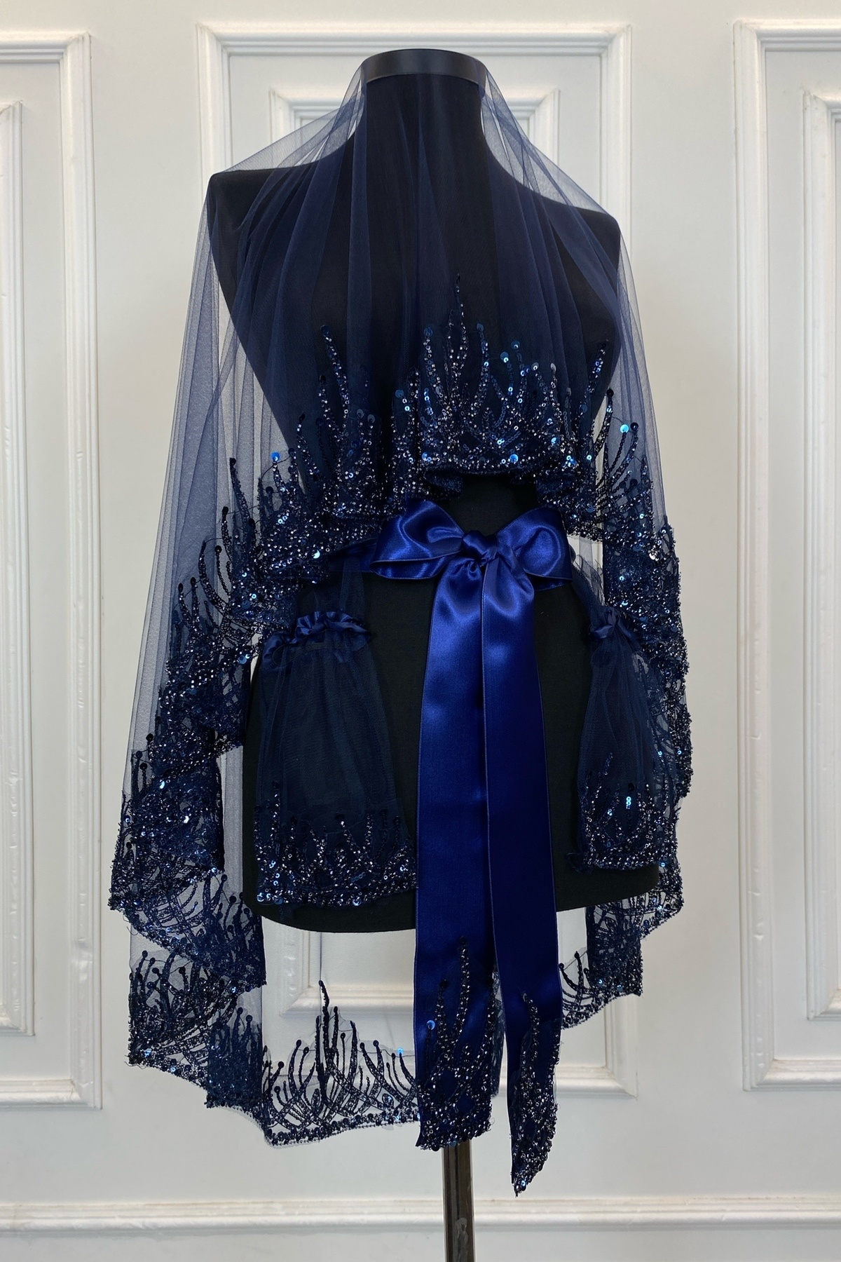 ZEYMERADE Lacivert Alev Desen Gelin Duvak Seti, Pullu Boncuklu Su Taşlı ...