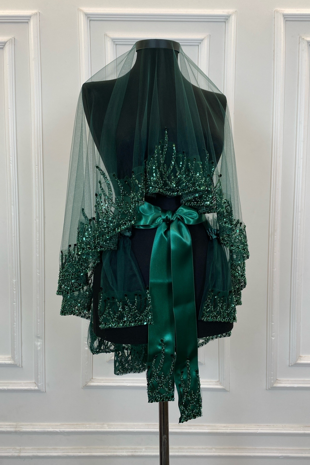 ZEYMERADE Zümrüt Yeşili Alev Desen Gelin Duvak Seti, Pullu Boncuklu Su ...