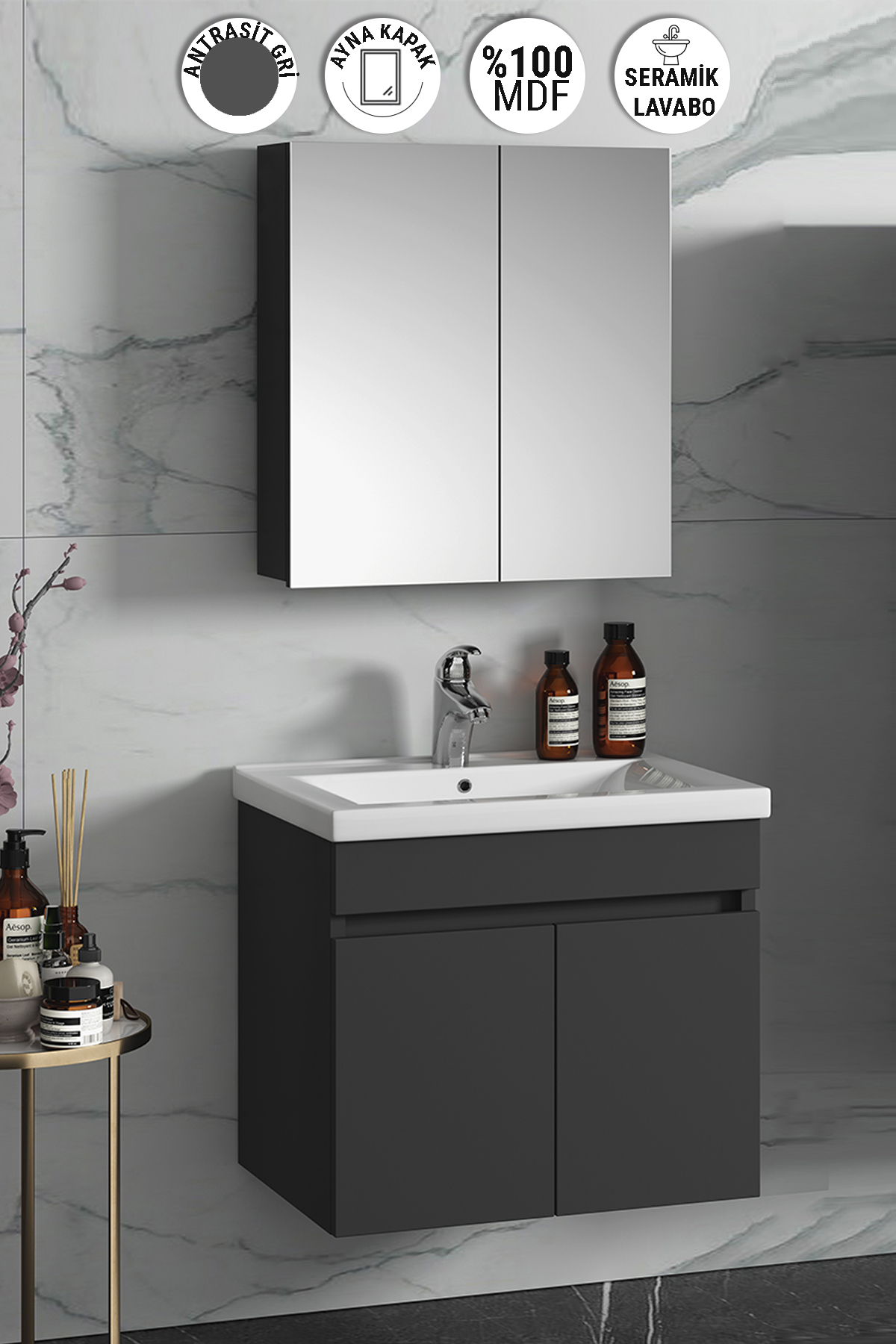 ÖZCEDEN Çiğdem 65 cm Antrasit Gri Mat MDF Seramik Lavabolu Asma Banyo ...