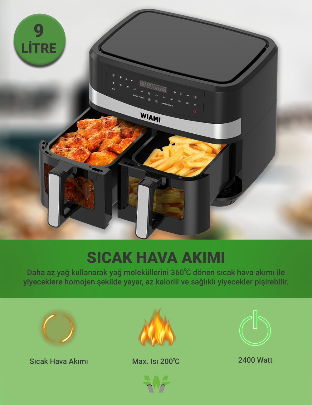 Wiami WİAMİ Airfryer 9l Çift Sepet Camlı Akıllı Yağsız Hava Fritözü ...