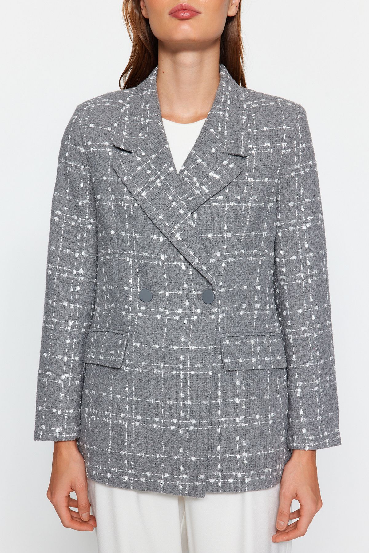 Trendyol Collection Gray Oversize Woven Plaid Blazer Jacket