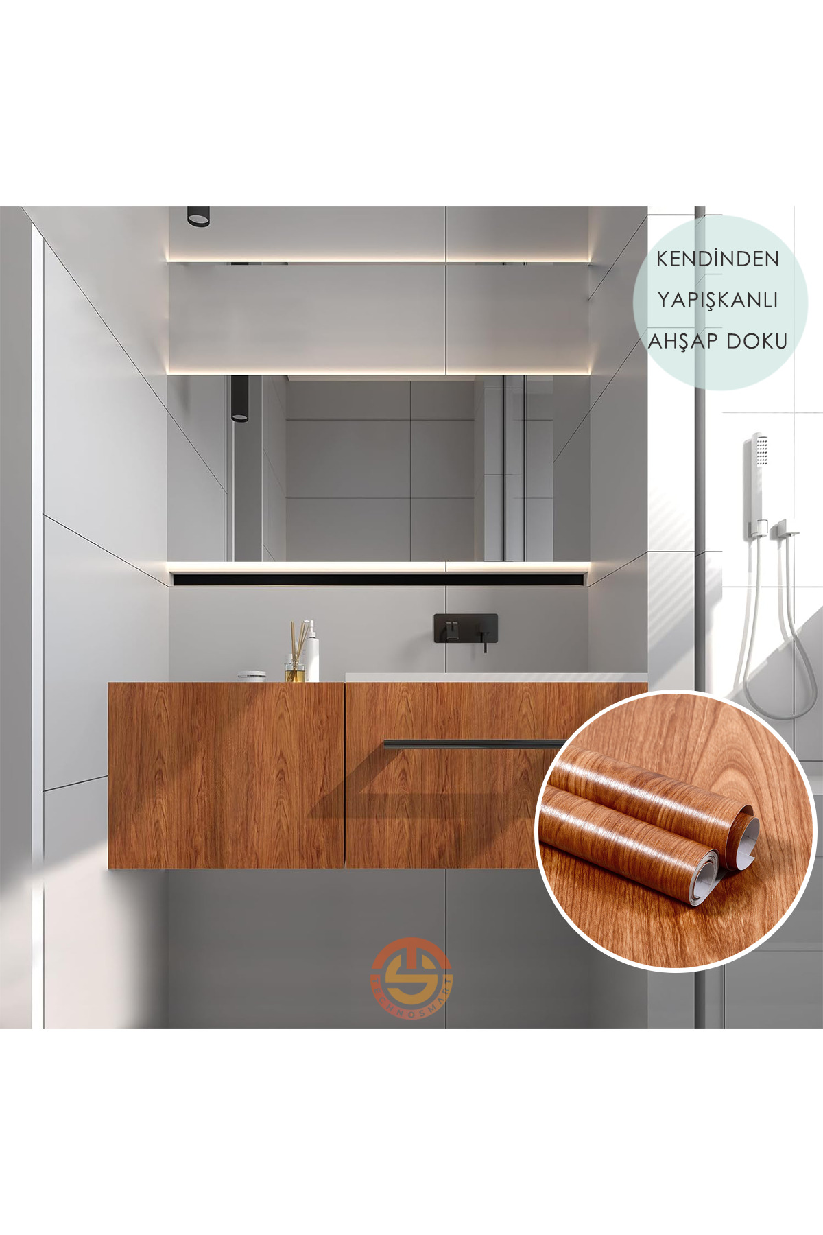 TechnoSmart 60cm×500cm Kendinden Yapışkanlı Ahşap Görünümlü Kaplama Kağıdı Mutfak Dolap Masa ...