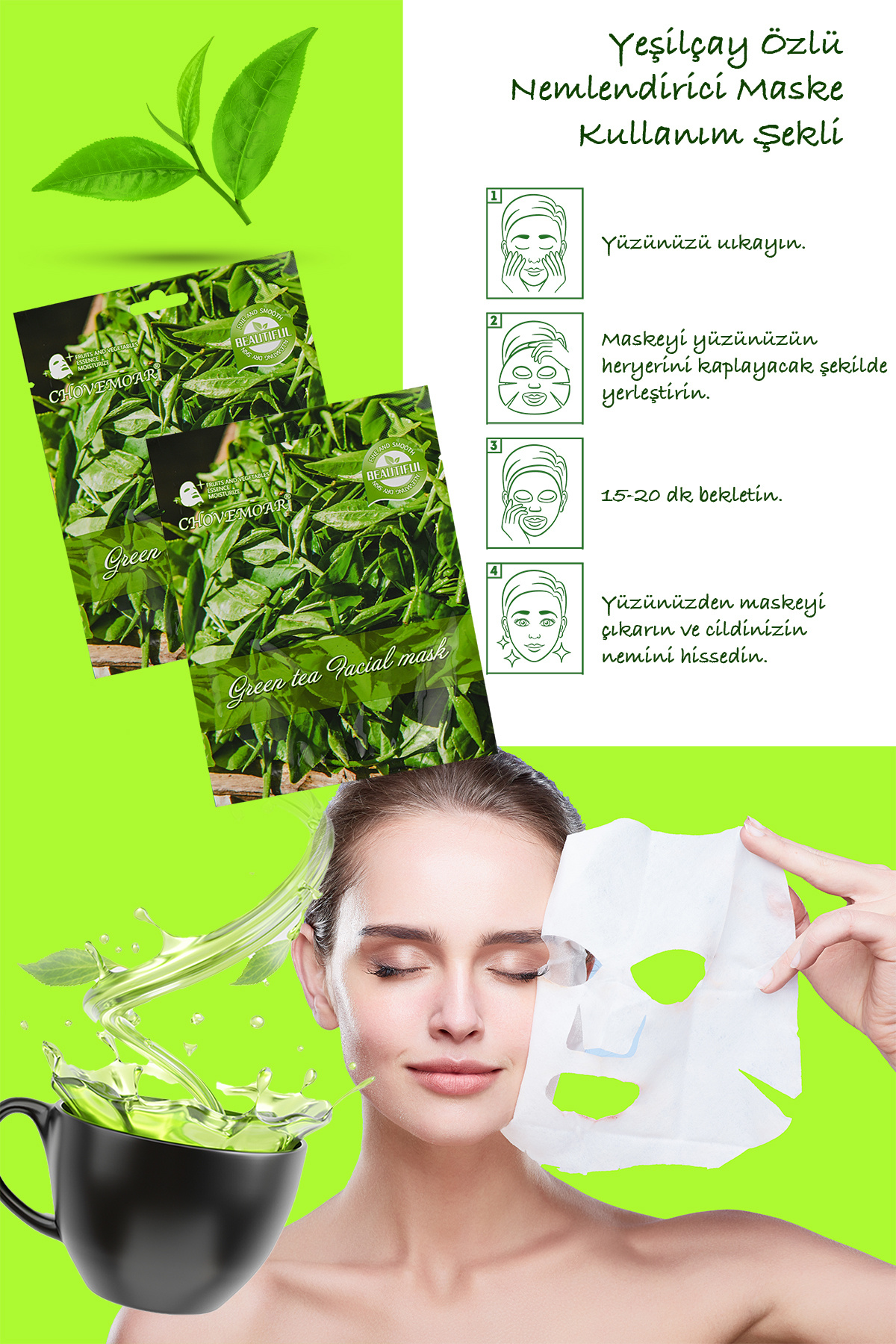 Xolo 10 Adet Yeşil Çay Özlü Kağıt Yüz Maskesi Green Tea Face Mask 25ML ...