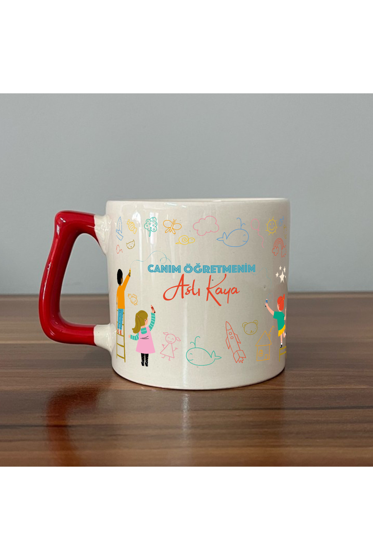 figiplus Kişiye Özel Canım Öğretmenim Çizimler Baskılı Kırmızı Kulplu D ...