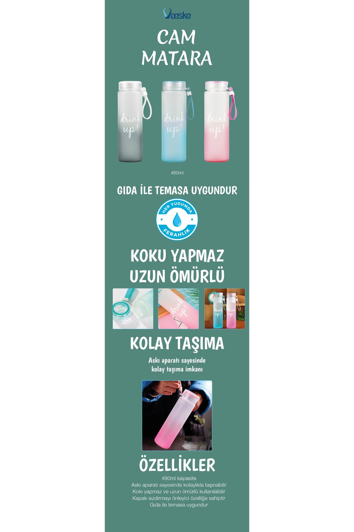 VAESKE Tutamaçlı Buzlu Cam Matara-pink - Fiyatı, Yorumları