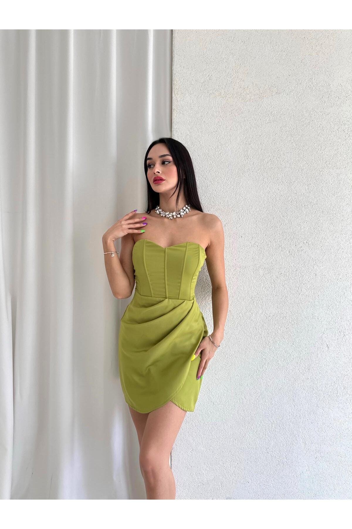 munora butik Kalp Yaka Eteği Kruvaze Mini Yeşil Elbise Fiyatı ...