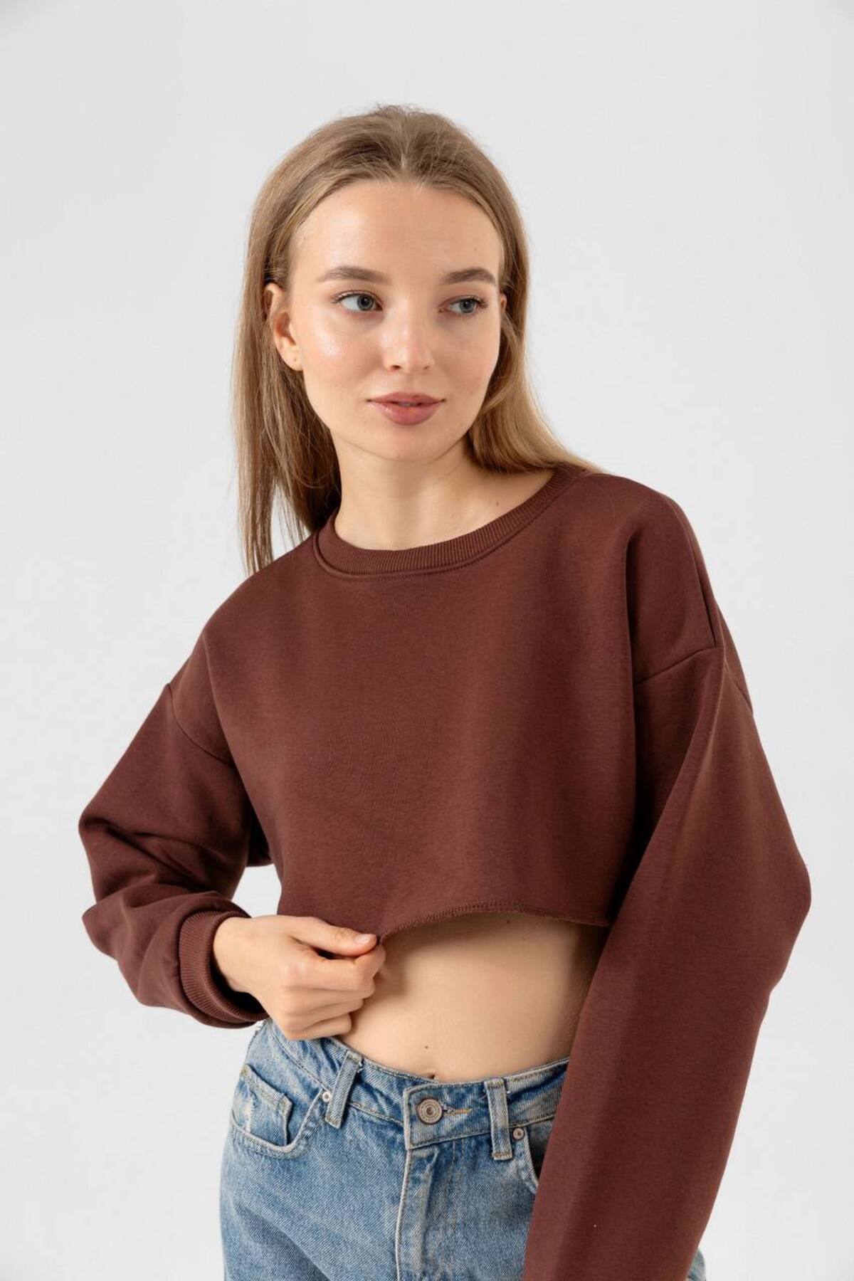 SHAWY Kadın Kahverengi Sweat Crop Uzun Kollu Simit Yaka 3 İplik ...