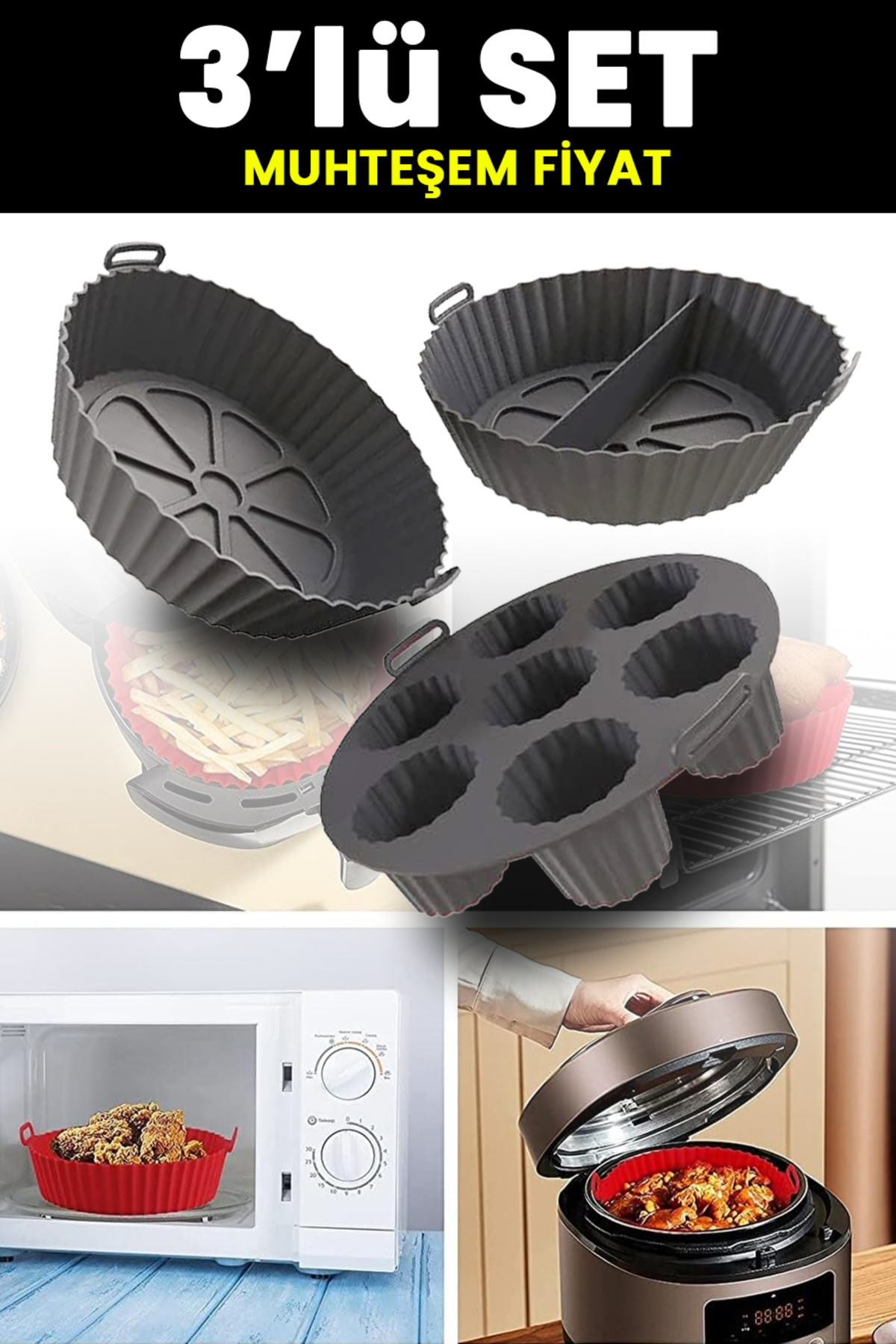 GüncelÇarşı Airfryer Silikon Pişirme Kabı 3'lü Set Yıkanabilir Silikon ...