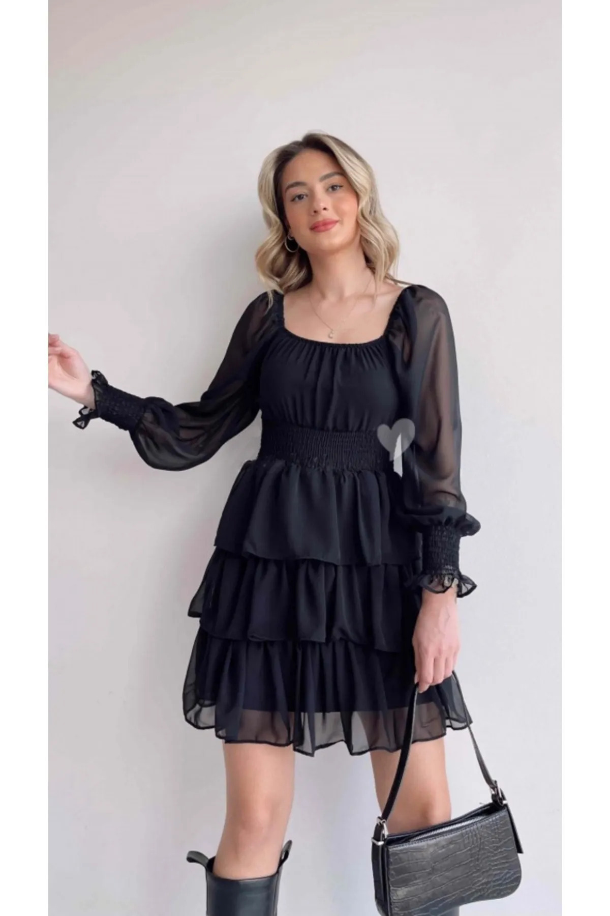 Tuğba Ceylin Butik Yılbaşı Kadın Şifon Kat Kat Kare Yaka Astarlı Mini ...