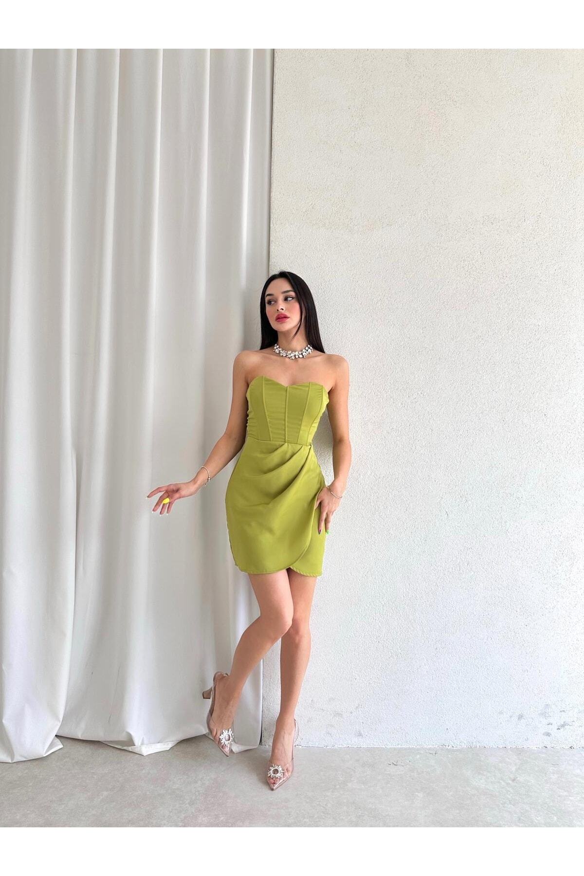 munora butik Kalp Yaka Eteği Kruvaze Mini Yeşil Elbise Fiyatı ...