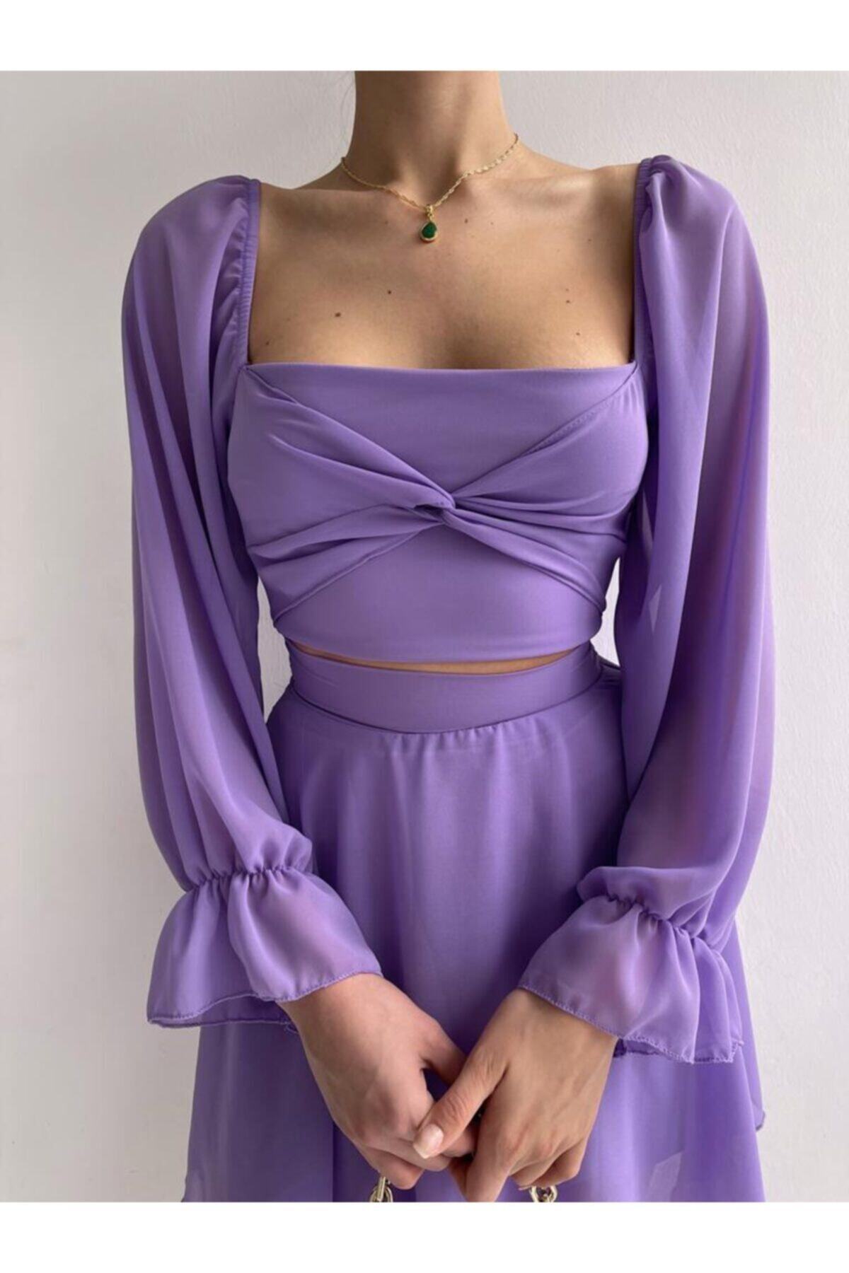 munora butik Bel Detaylı Şifon Lila Elbise Fiyatı, Yorumları - Trendyol