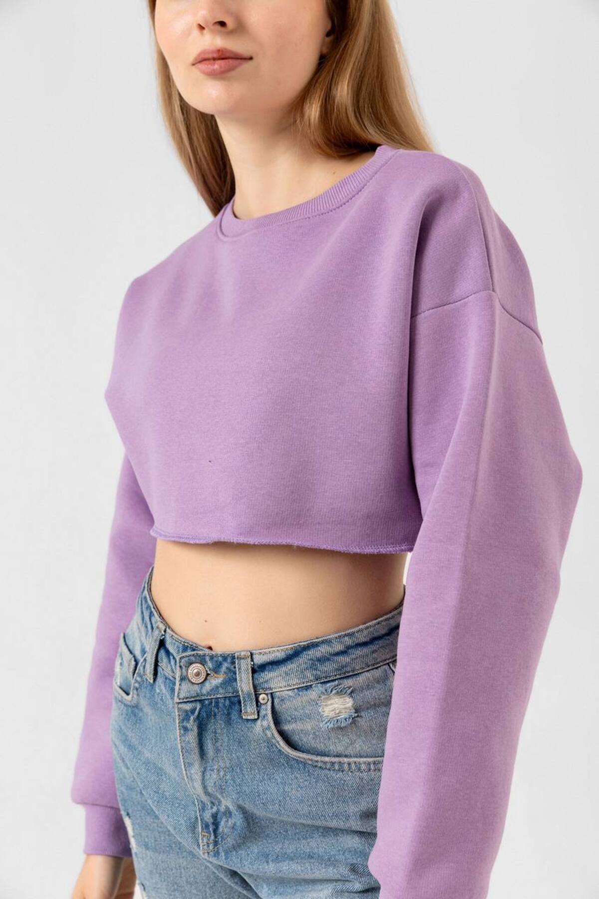SHAWY Kadın Lila Sweat Crop Uzun Kollu Simit Yaka 3 İplik - Fiyatı ...