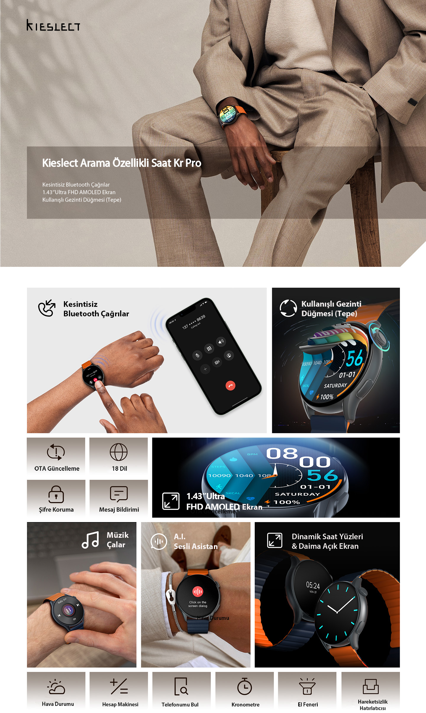 Kieslect Kr Pro Amoled Ekranlı Arama Özellikli Akıllı Saat - Fiyatı, Yorumları