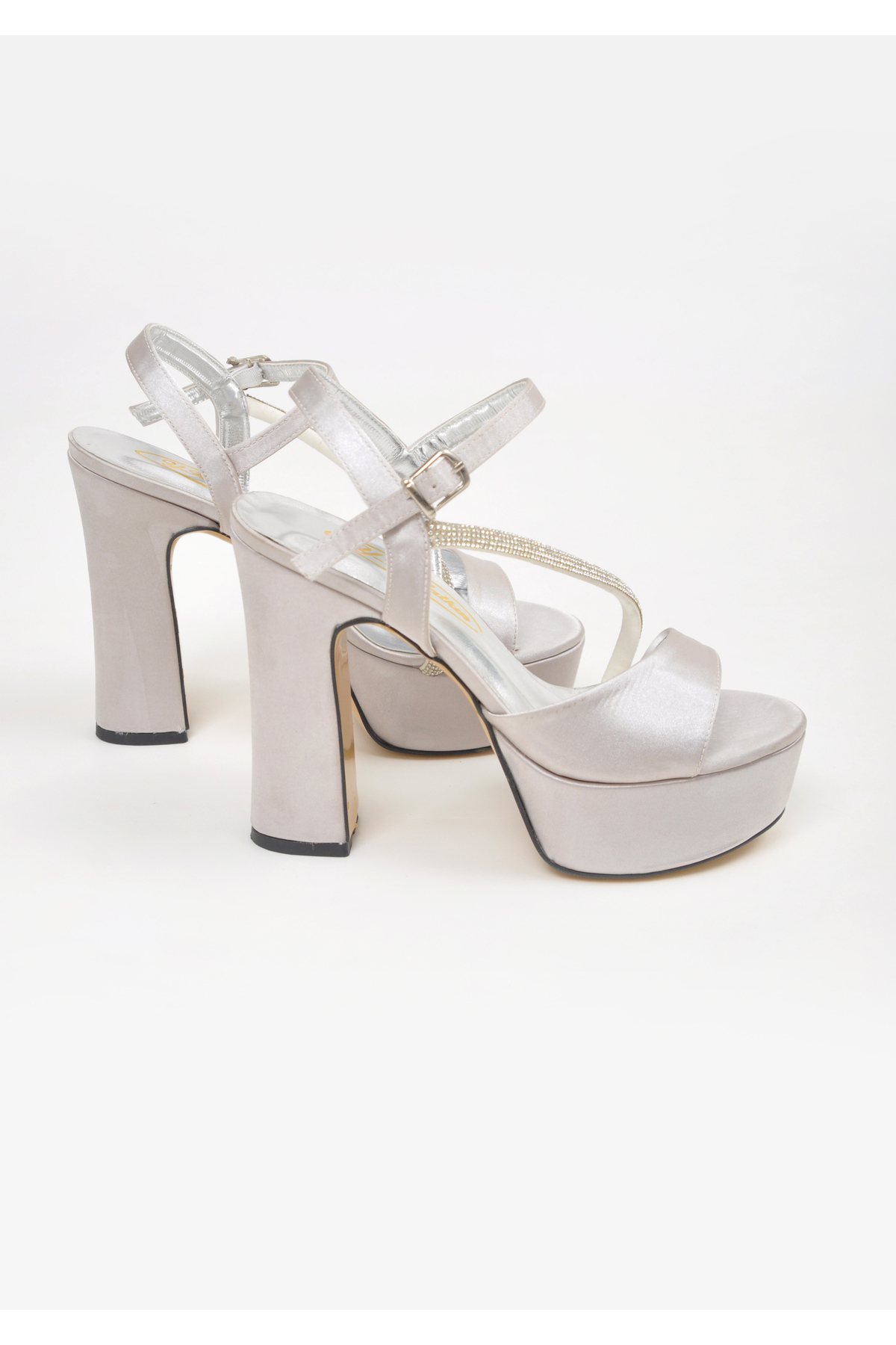 Volare Shoes 13cm Topuklu Tek Bant Taşlı Platformlu Saten Gümüş ...