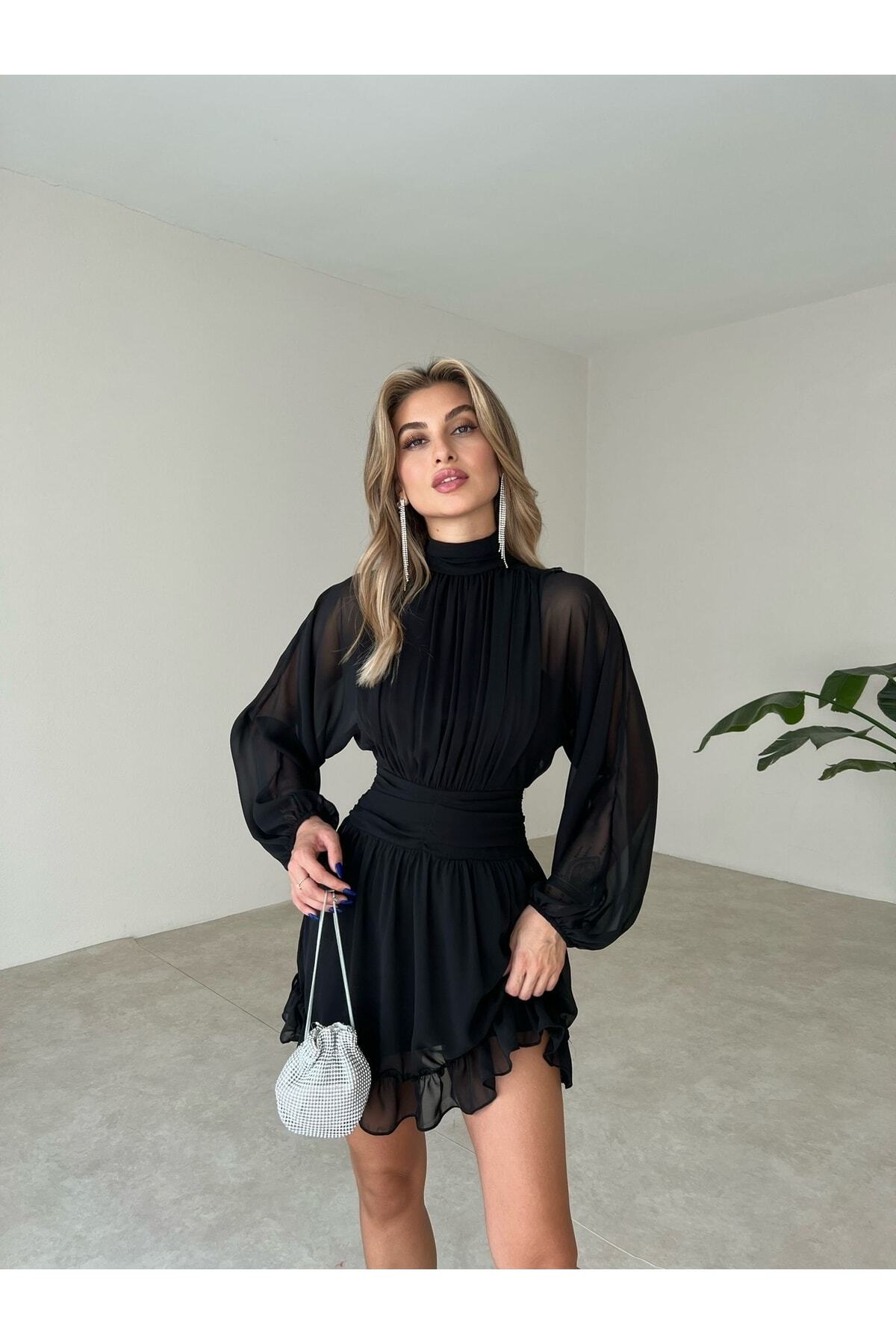 munora butik Dik Yakalı Şifon Siyah Elbise Fiyatı, Yorumları - Trendyol