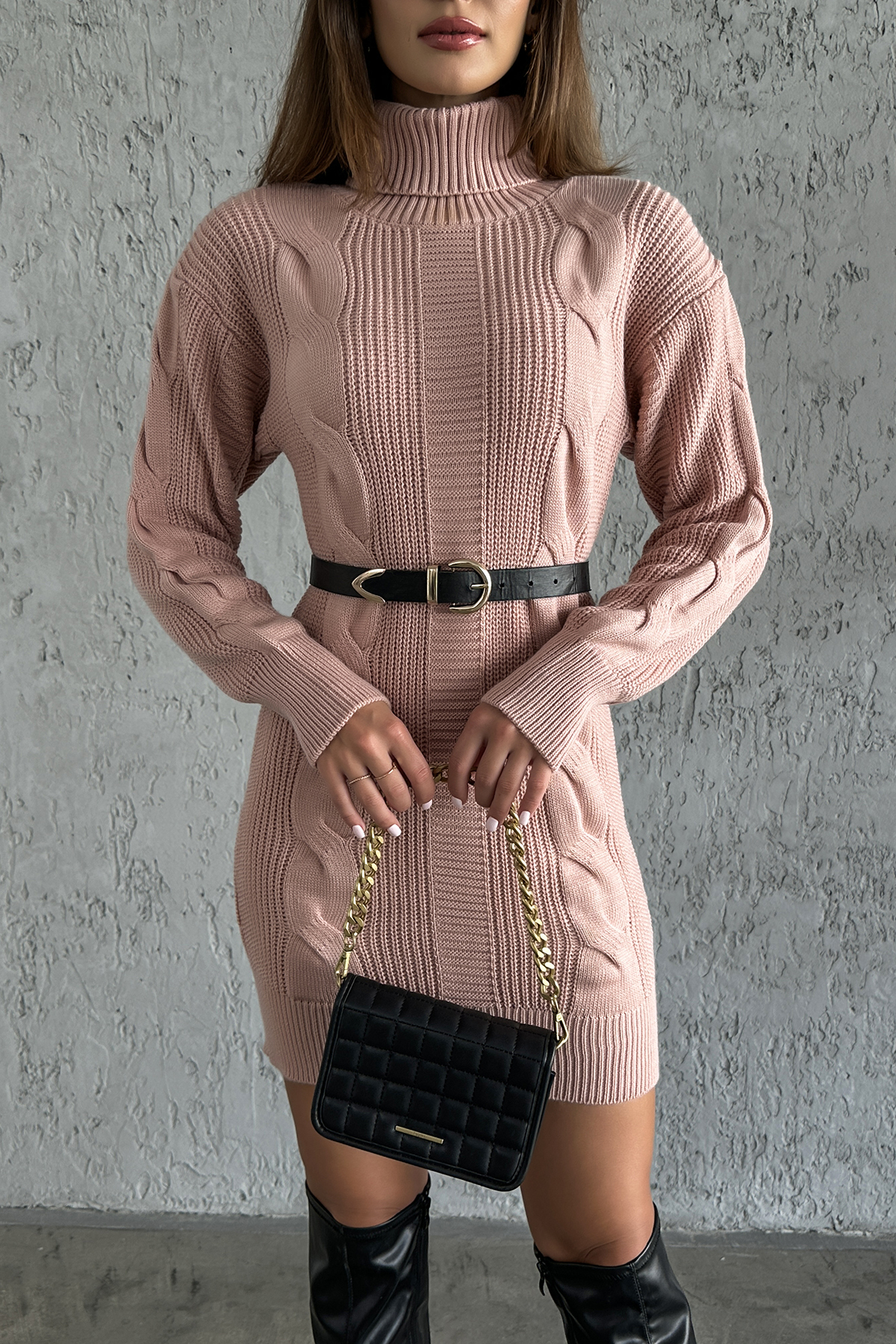 nosia fashion Boğazlı Örgü Desenli Ve Çizgi Detaylı Mini Triko Pudra ...