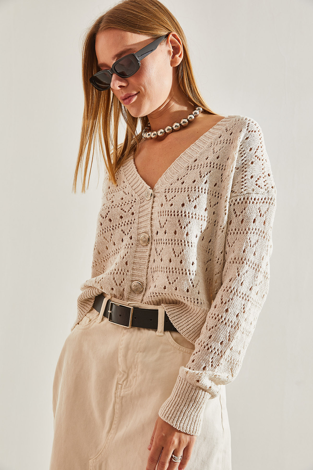 Bianco Lucci Women's Patterned Openwork Knitwear Cardigan - Trendyol